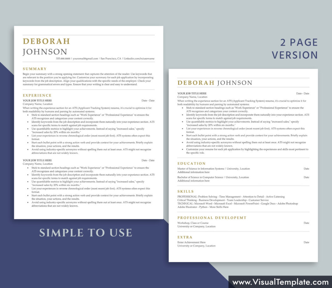 ATS-Friendly Resume Template for MS Word, Modern CV Template, Minimalist and Simple Resume ...