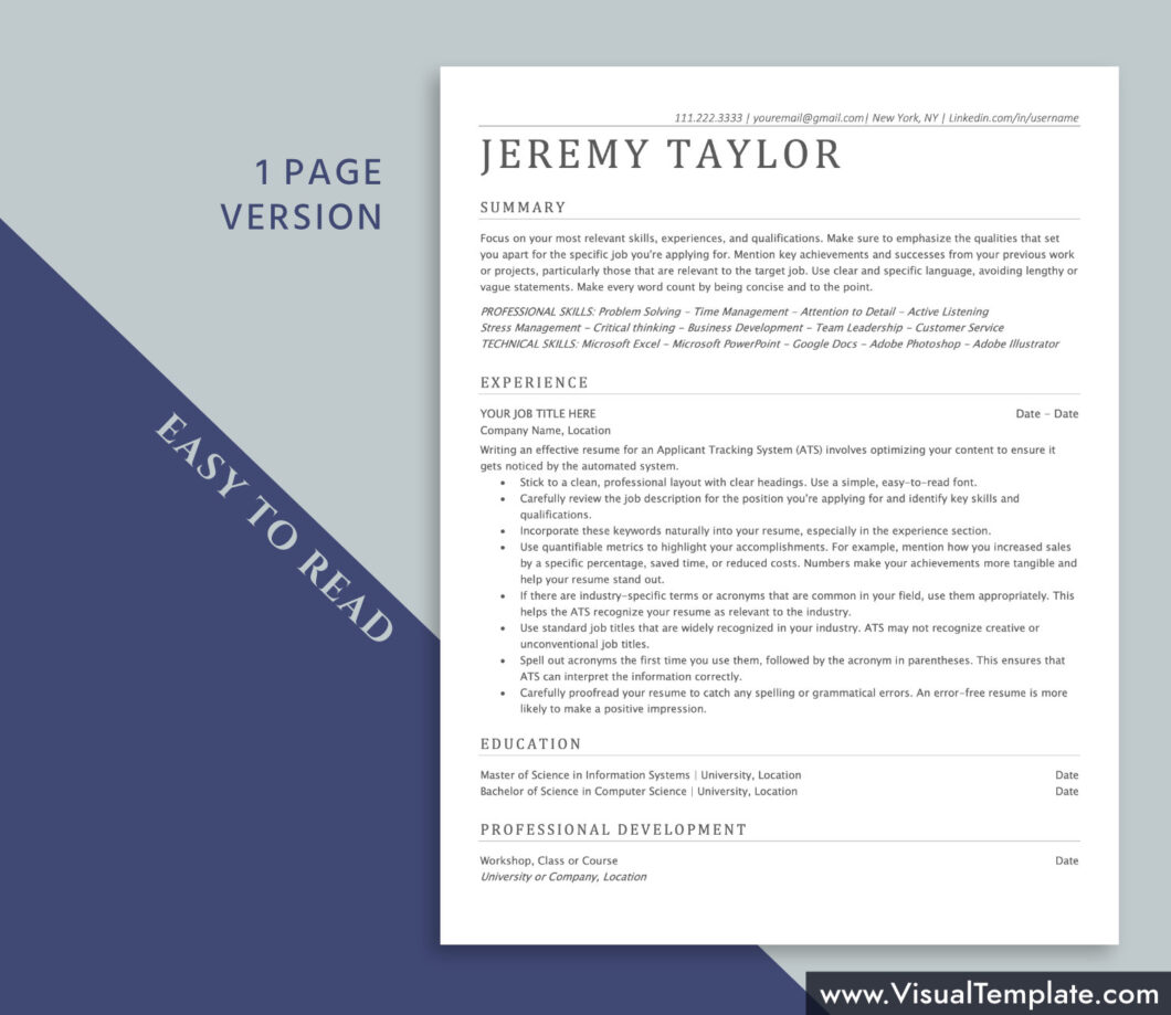 ATS-Friendly Resume Template for MS Word, Modern CV Template ...