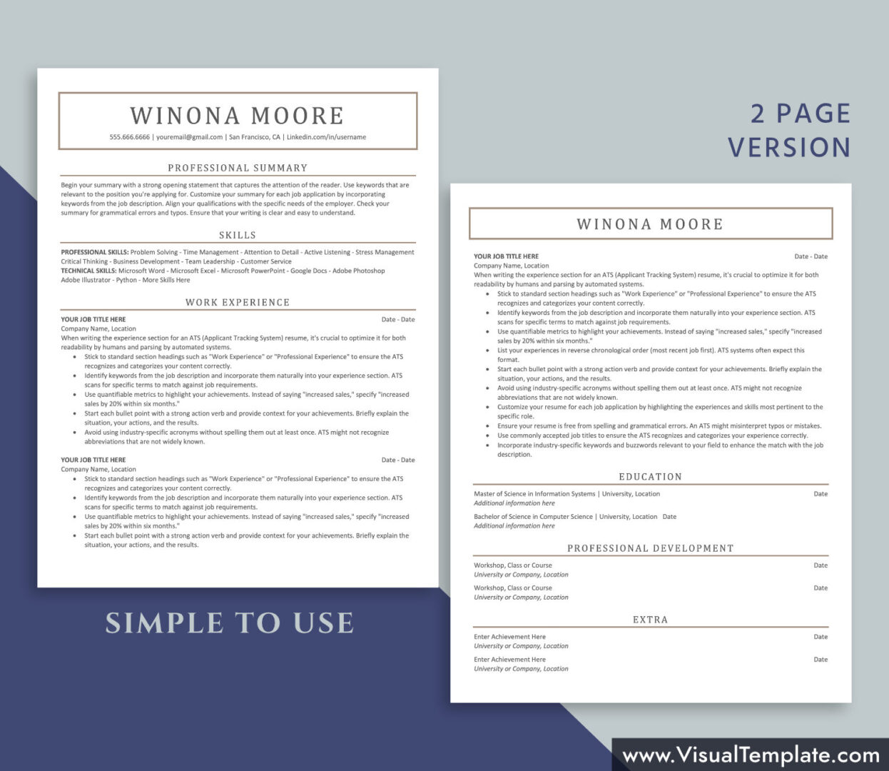 ATS-Friendly Resume Template for MS Word, Modern CV Template, Minimalist and Simple Resume ...